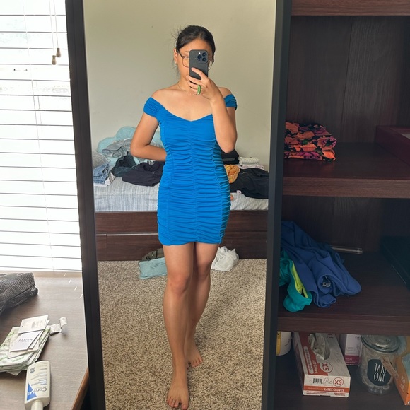 Zara | Dresses | Ruched Teal Blue Bodycon Dress | Poshmark